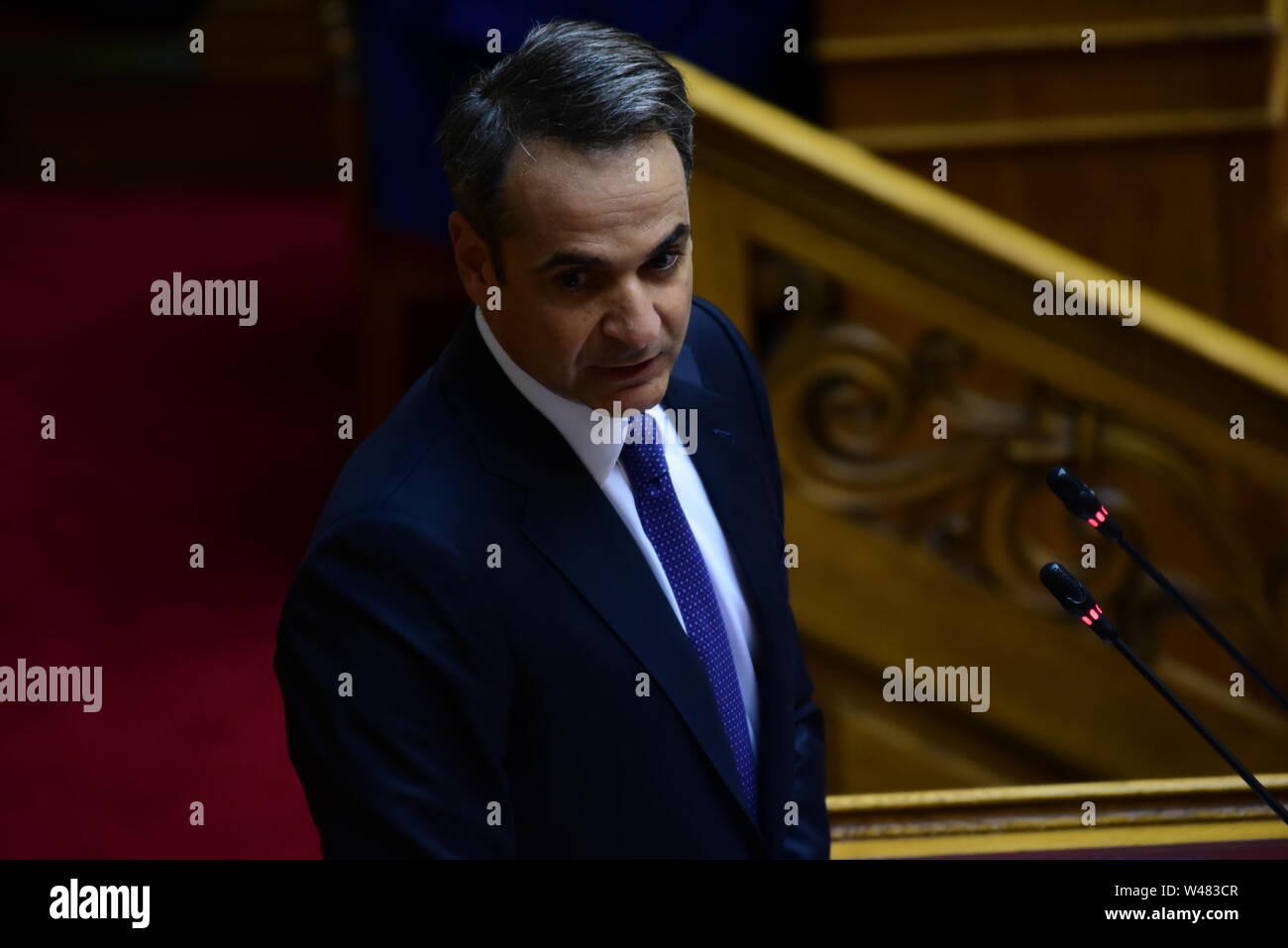 Athens, Greece. 20th July, 2019. Greek Prime Minister Kyriakos Mitsotakis, during his speech in ...