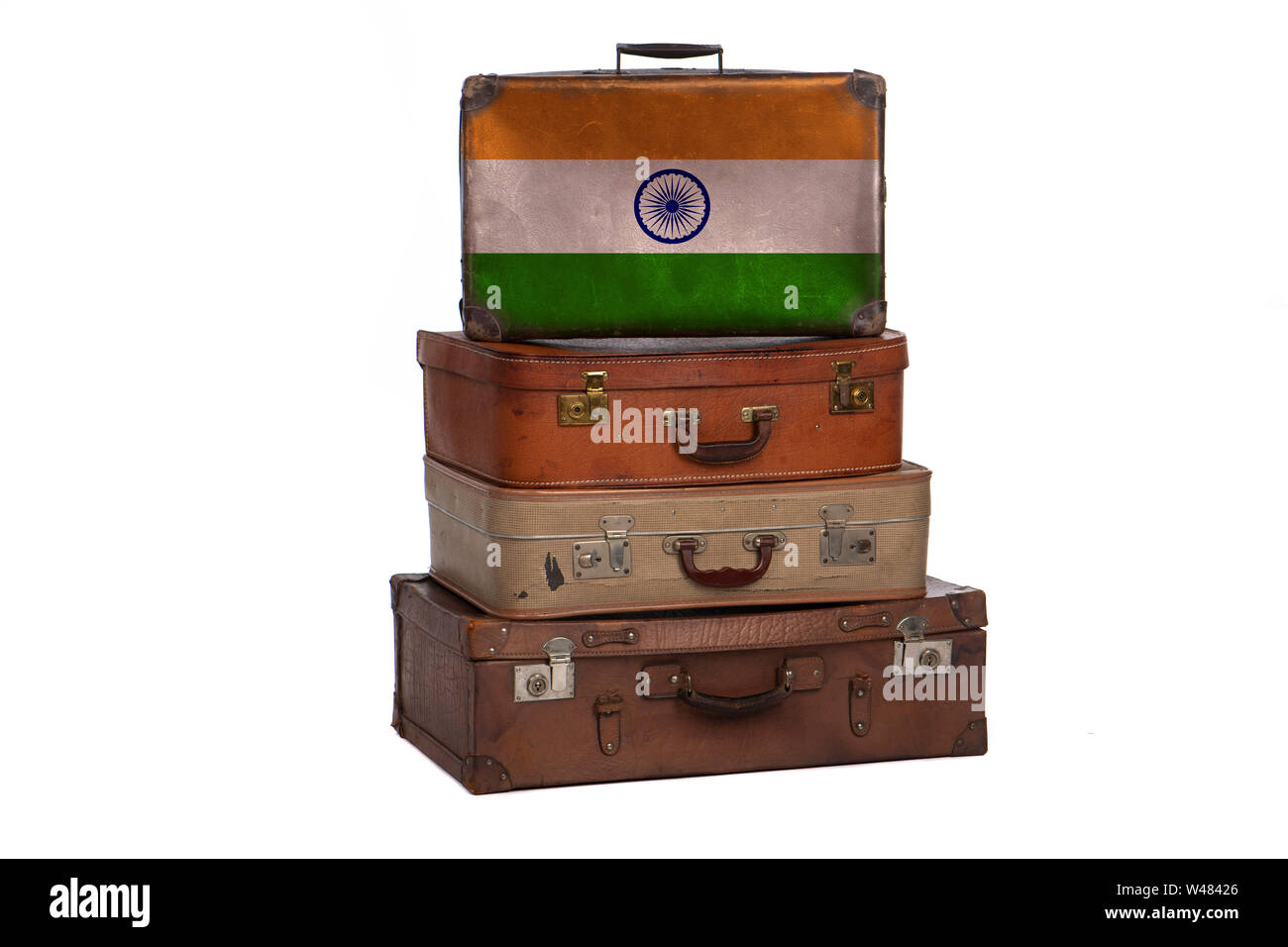 India, Indian travel concept. Group of vintage suitcases isolated on ...