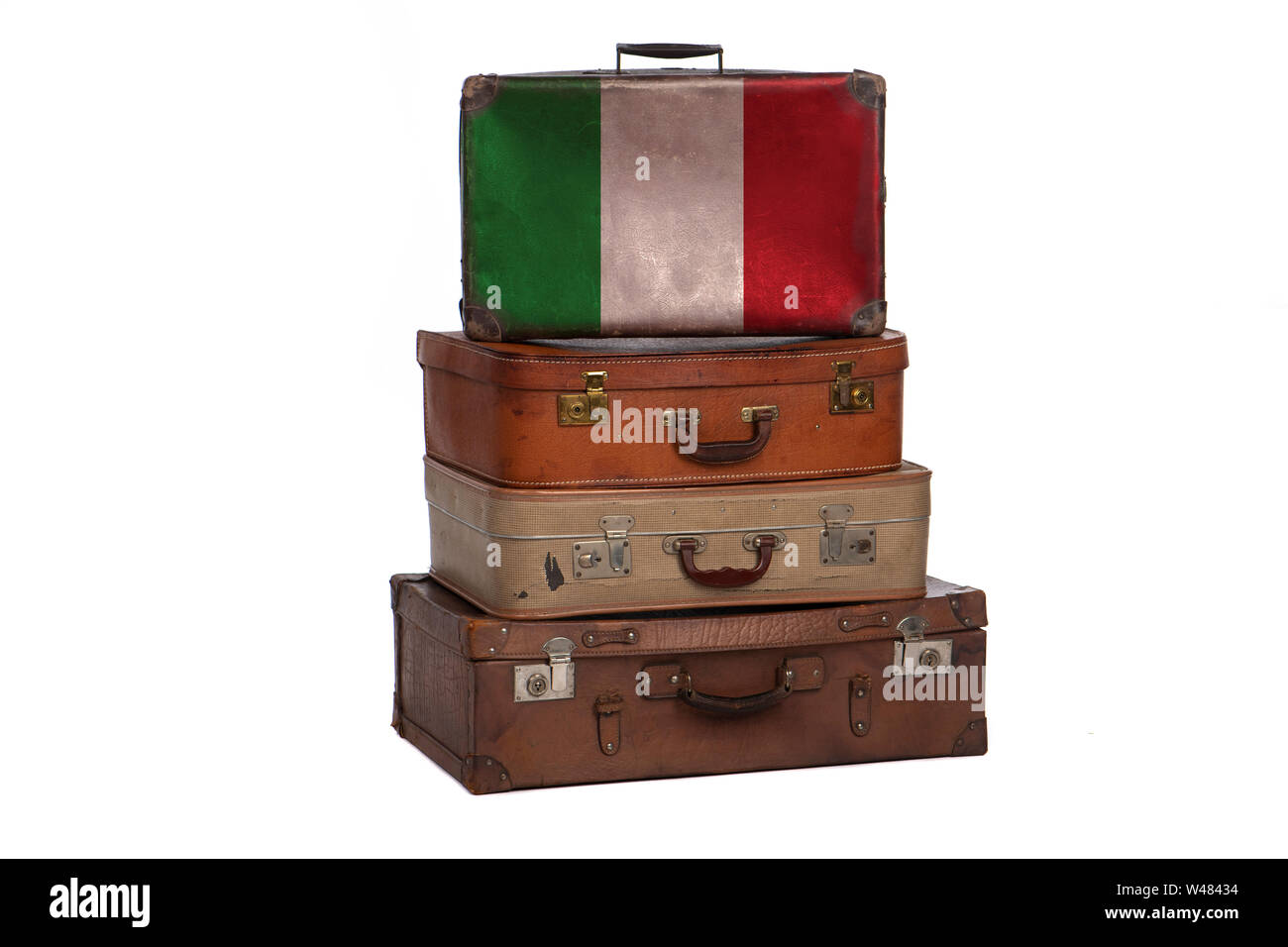 Italy, Italian travel concept. Group of vintage suitcases isolated on ...
