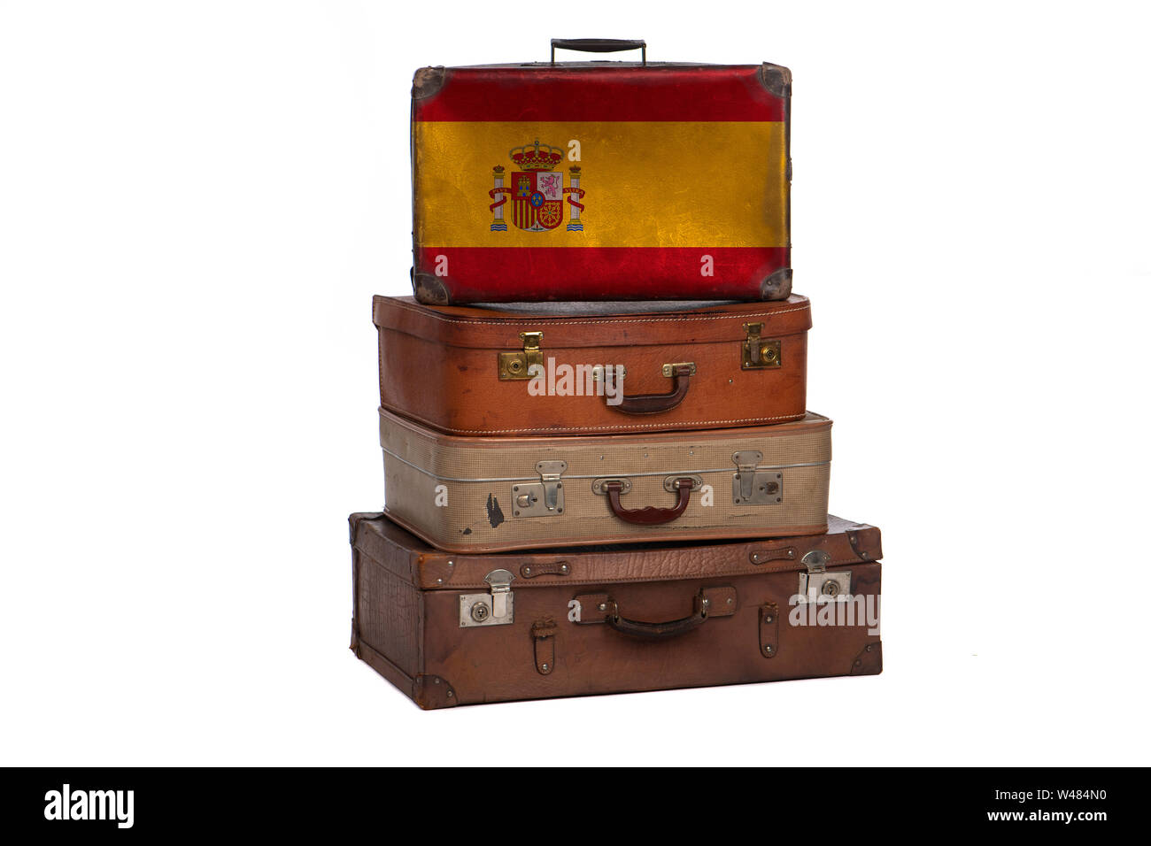 Spain, Spanish travel concept. Group of vintage suitcases isolated on ...