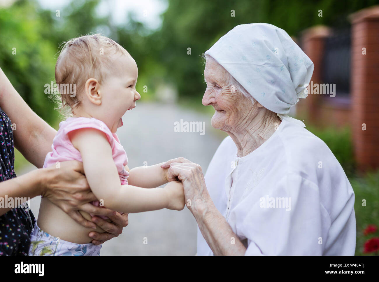 Happy toddler girl and her great grandmother holding hands and looking ...