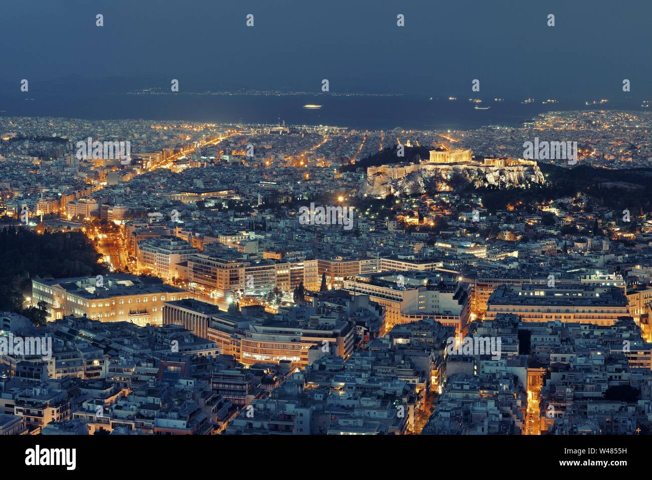 Athens skyline at night viewed from Mt Lykavitos with Acropolis, Greece ...