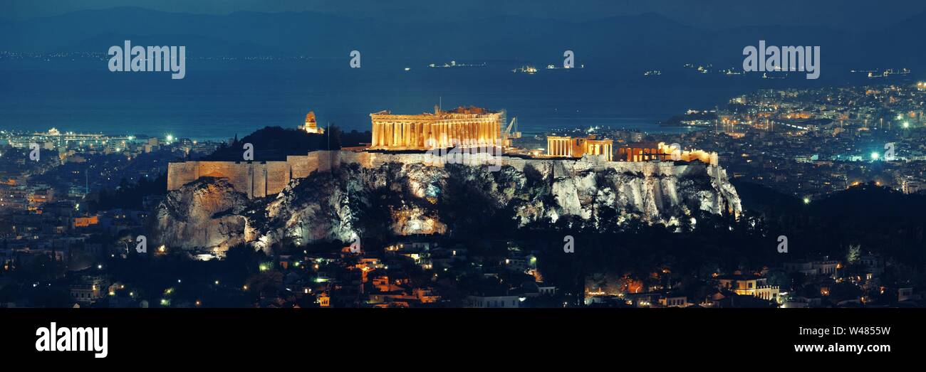 Acropolis historical ruins at night viewed from mountain, Greece Stock ...