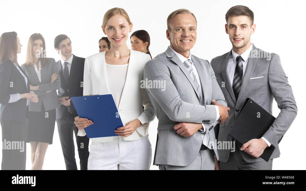 Portrait of business leaders and their team isolated on white ...