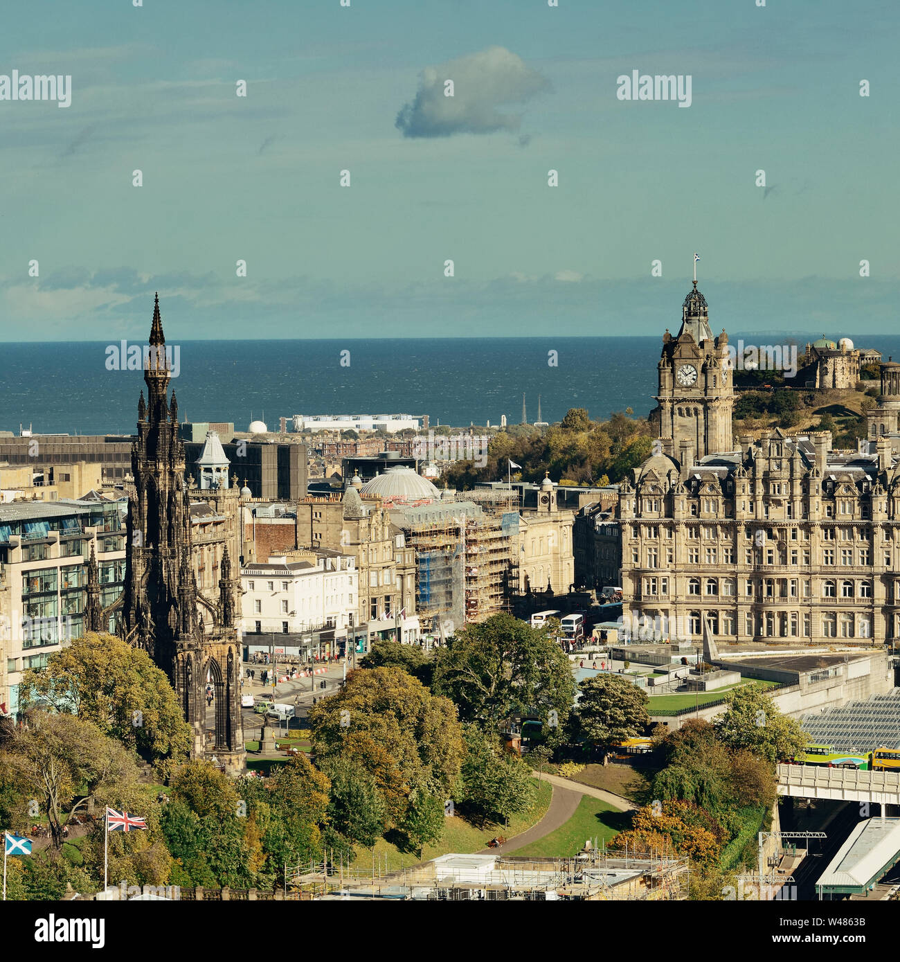 Edinburgh city rooftop view with historical architectures. United ...