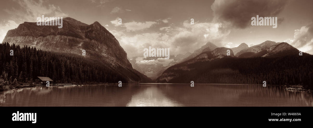 Banff national park Lake Louise sunrise panorama with mountains and forest in Canada Stock Photo ...