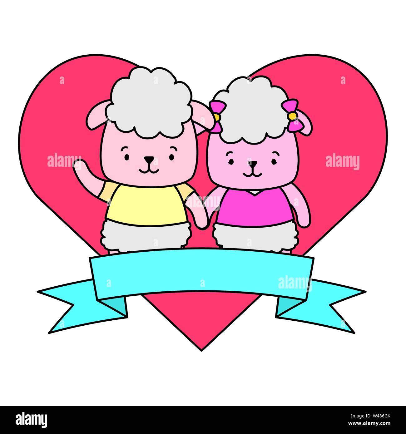 cute couple sheep animals heart love ribbon Stock Vector Image & Art ...