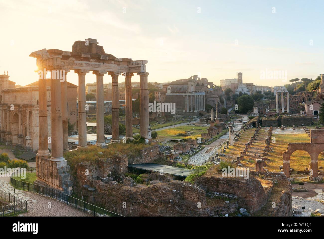 Rome Forum sunrise with ruins of historical buildings. Italy Stock ...