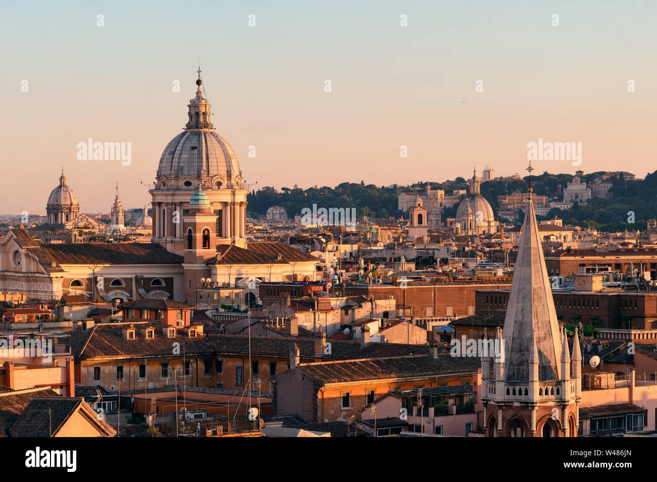Rome rooftop view with ancient architecture in Italy at sunset moment ...