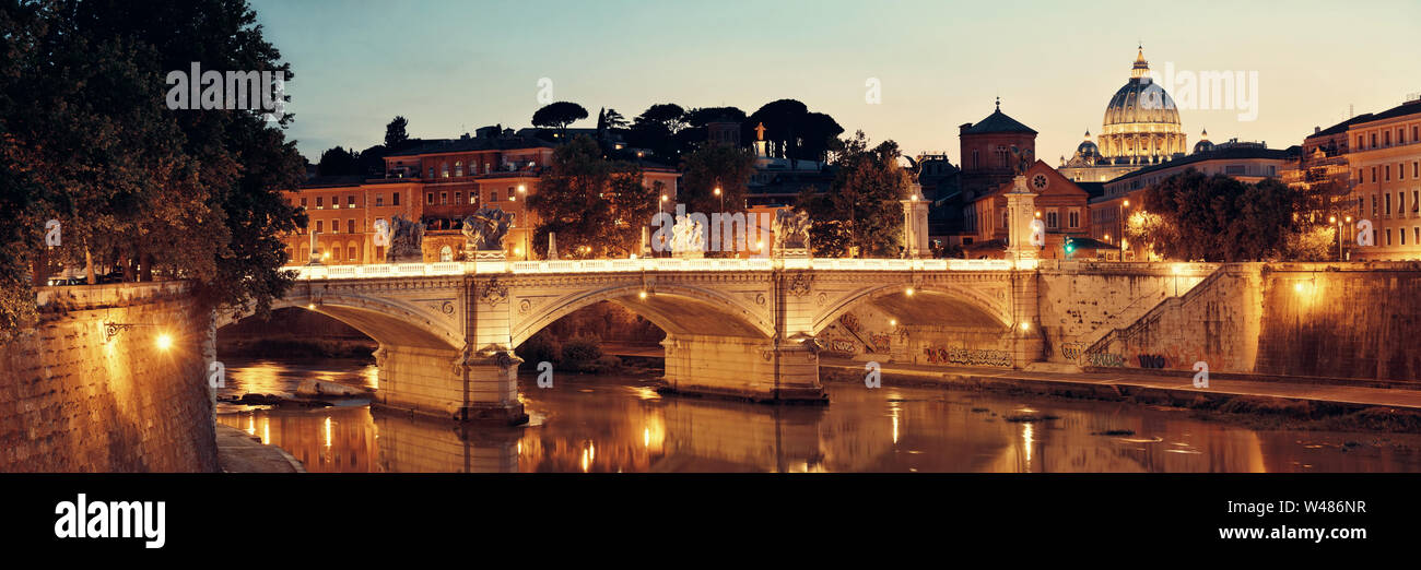 River Tiber and St Peters Basilica in Vatican City panorama at dusk ...