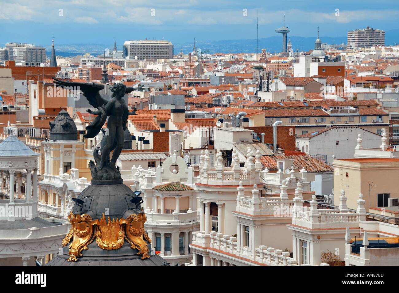 Madrid rooftop view of the city skyline and angel statue in Spain Stock ...