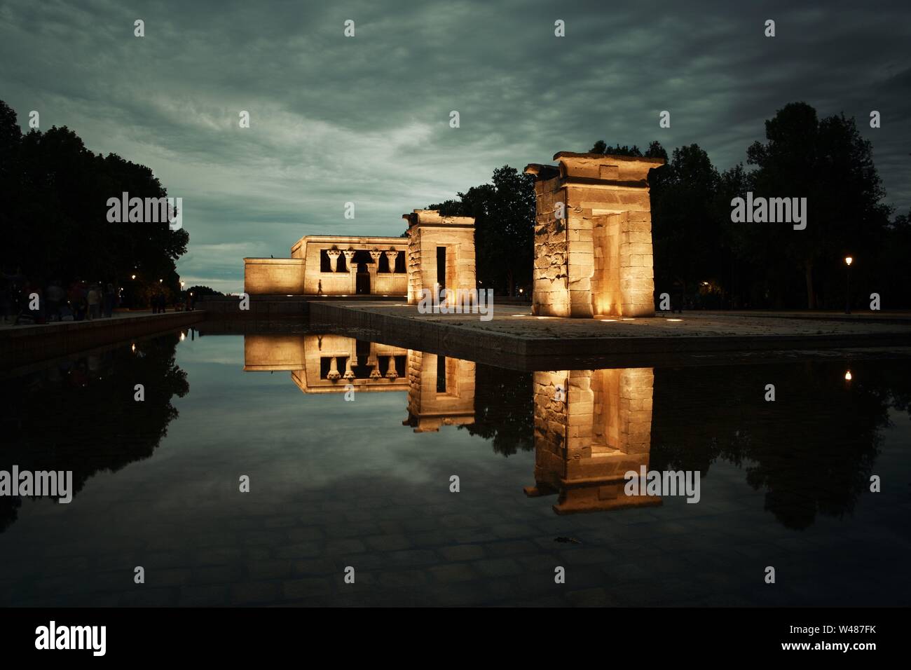 Temple of Debod at night with reflection in Madrid, Spain Stock Photo ...
