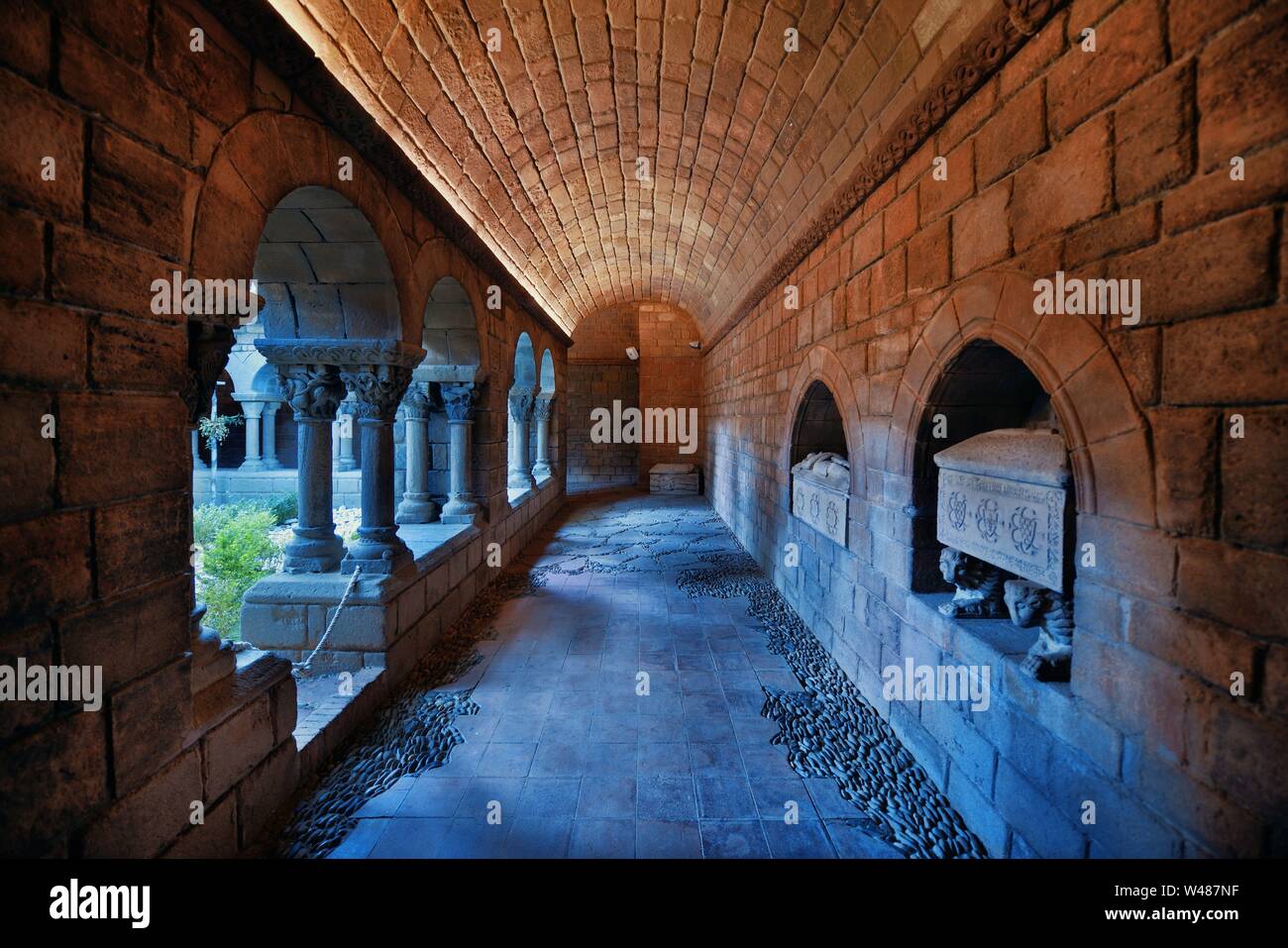 Hallway in Romanesque monastery in village in Pueblo Espanol Barcelona ...