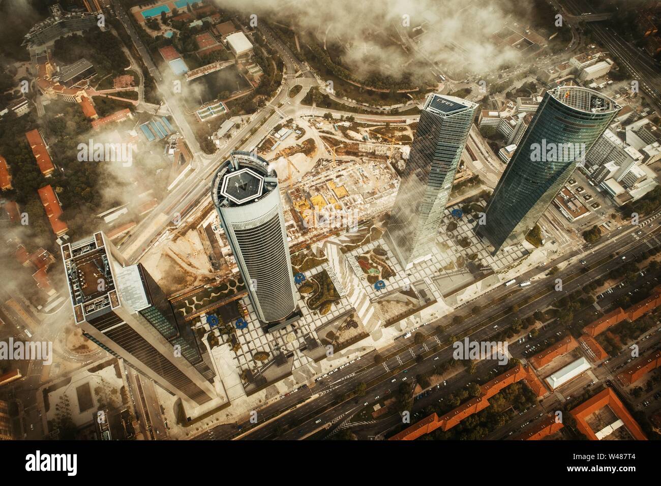 Madrid financial business district aerial view with modern skyscraper ...