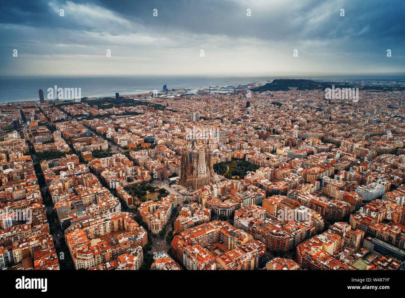 Barcelona skyline aerial view with buildings in Spain Stock Photo - Alamy