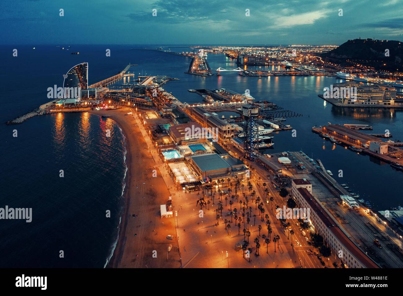 Barcelona coast pier aerial view at night in Spain Stock Photo - Alamy