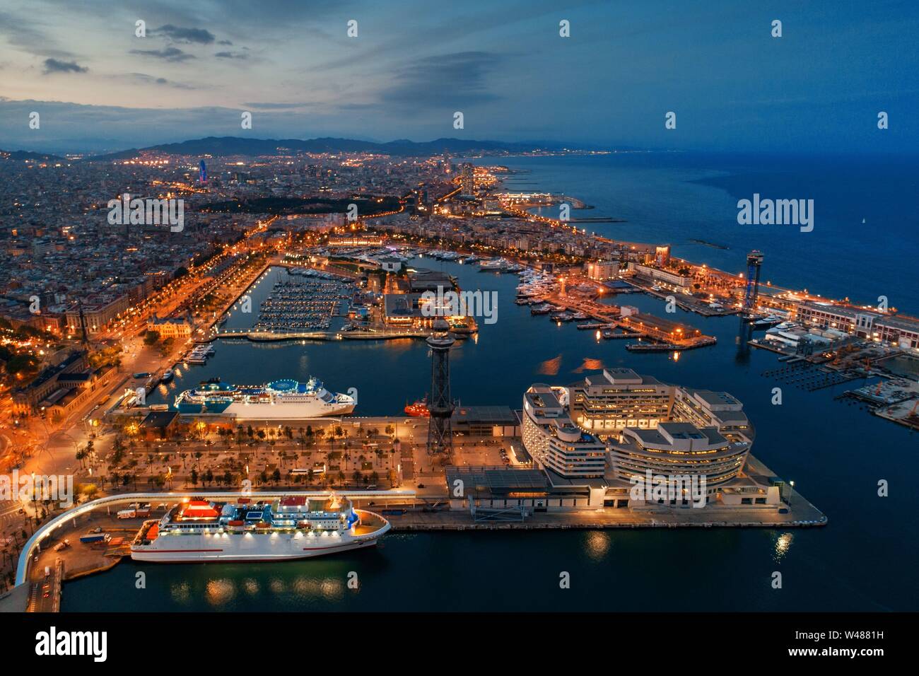 Barcelona coast pier aerial view at night in Spain Stock Photo - Alamy