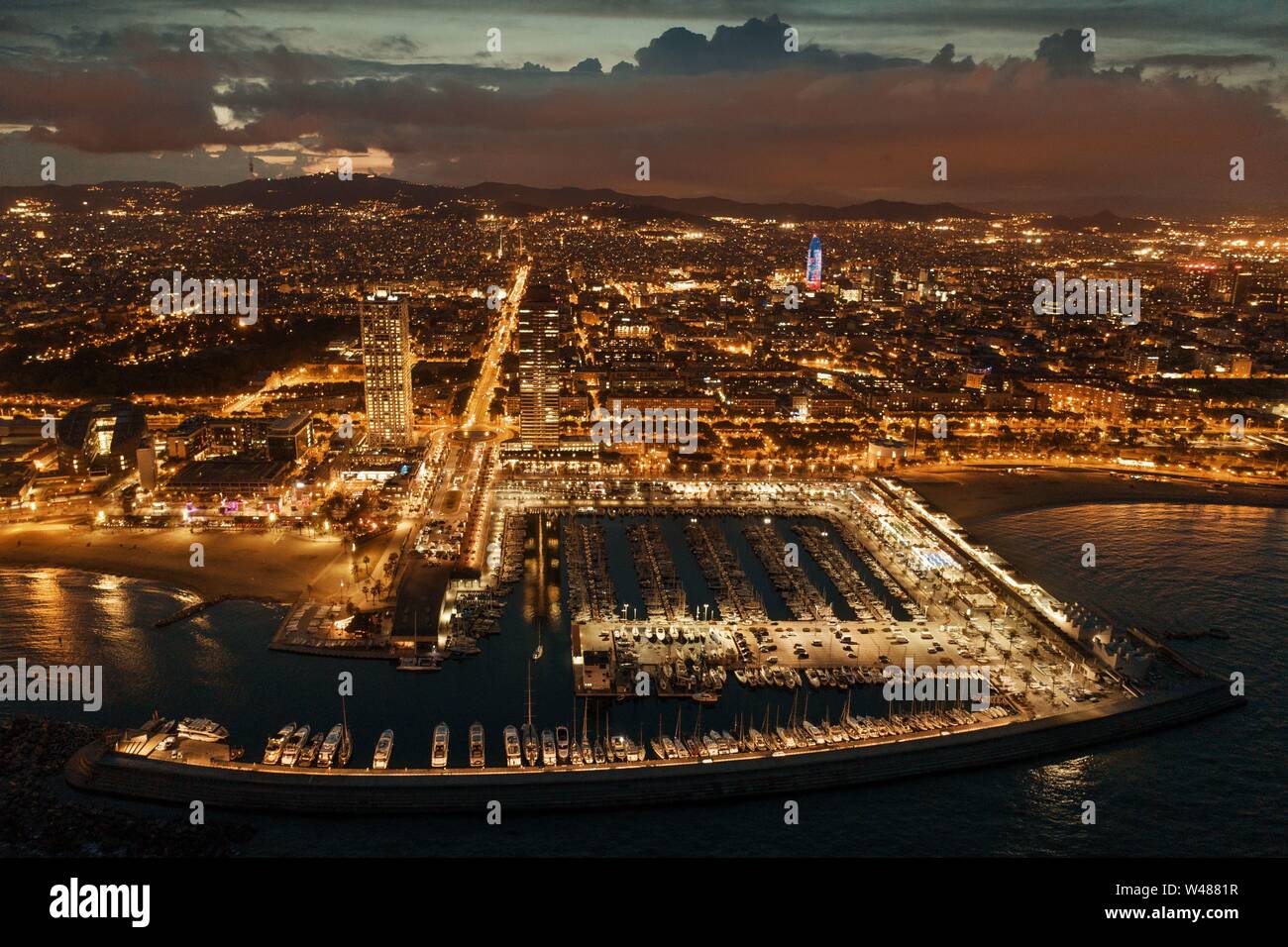 Barcelona coast pier aerial view at night in Spain Stock Photo - Alamy