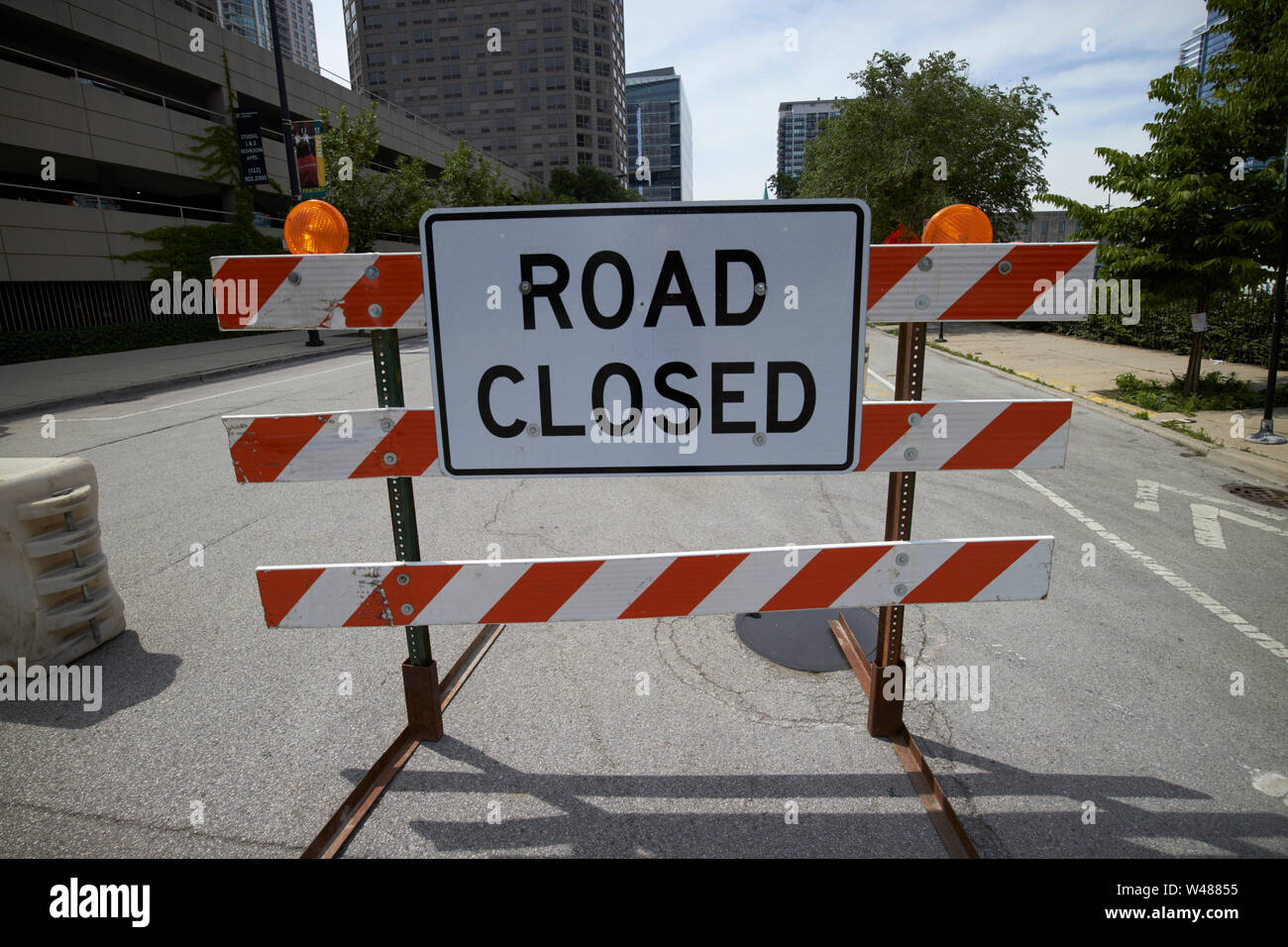 temporary road closed sign on a city street in downtown Chicago IL USA ...