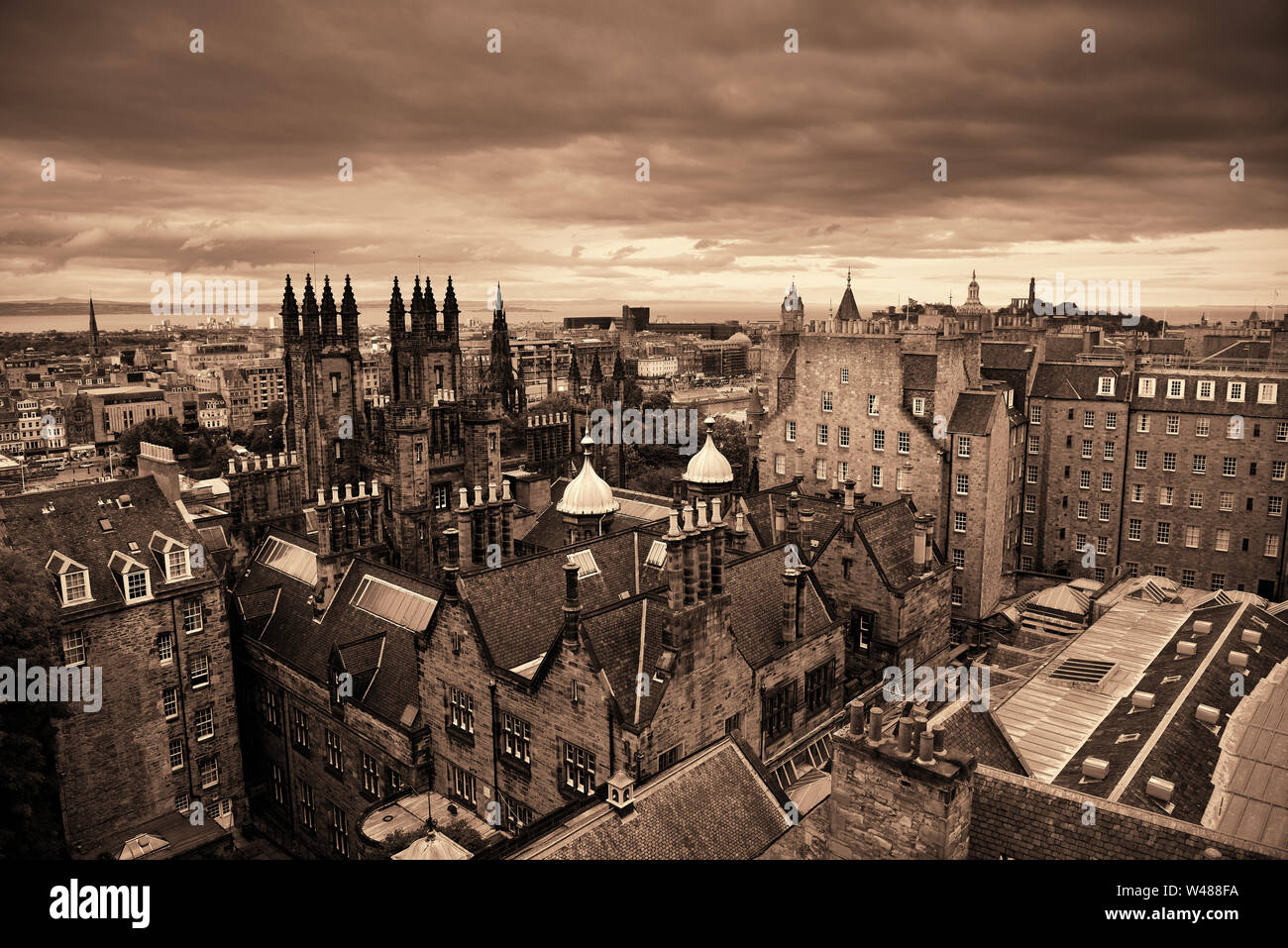 Edinburgh city rooftop view with historical architectures. United ...