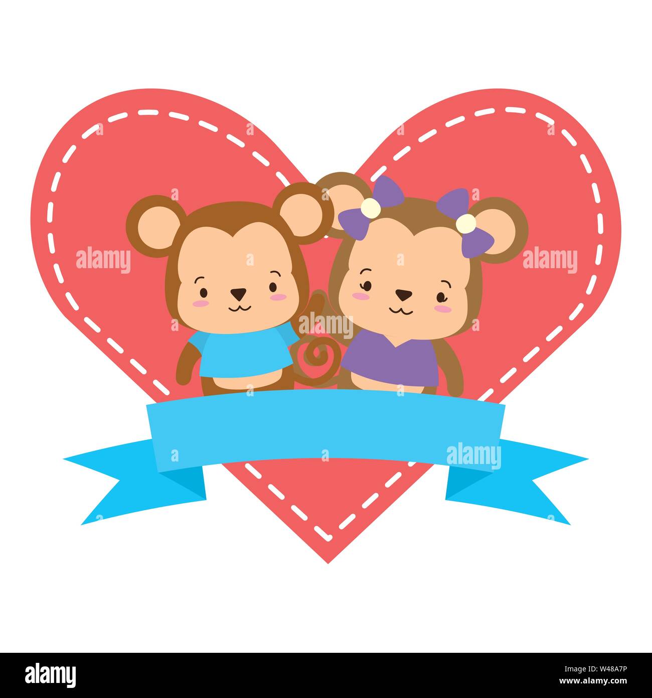 cute couple monkey animals heart love ribbon Stock Vector Image & Art ...