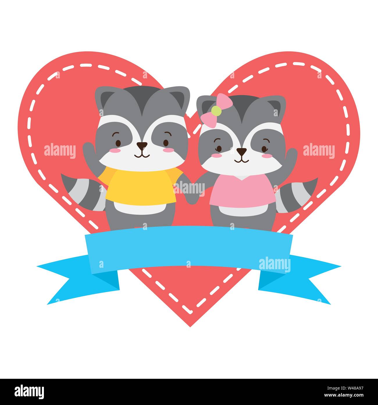 cute couple raccoon animals heart love ribbon Stock Vector Image & Art ...