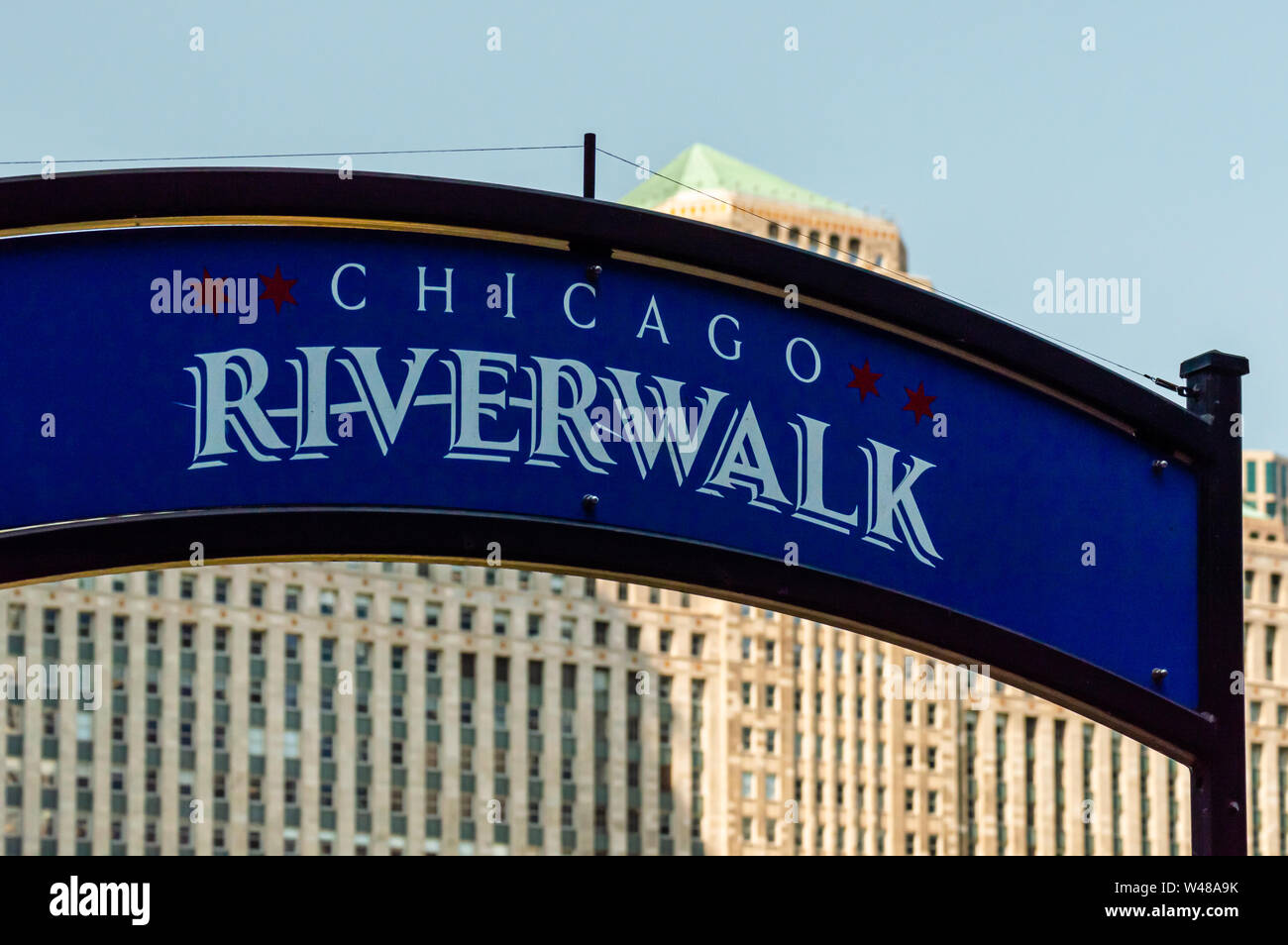 Chicago Riverwalk sign entrance. Information Stock Photo - Alamy