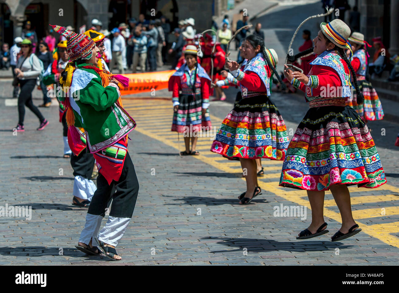 Dancers and musicians dressed in colourful Peruvian costume perform at ...