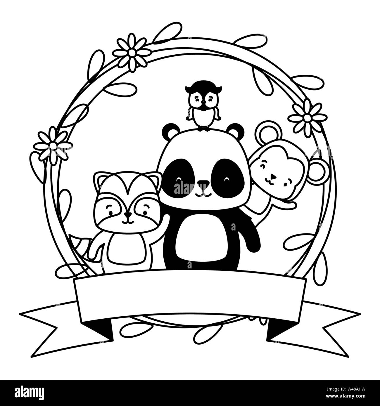 cute monkey panda raccoon owl animals wreath flowers Stock Vector Image ...