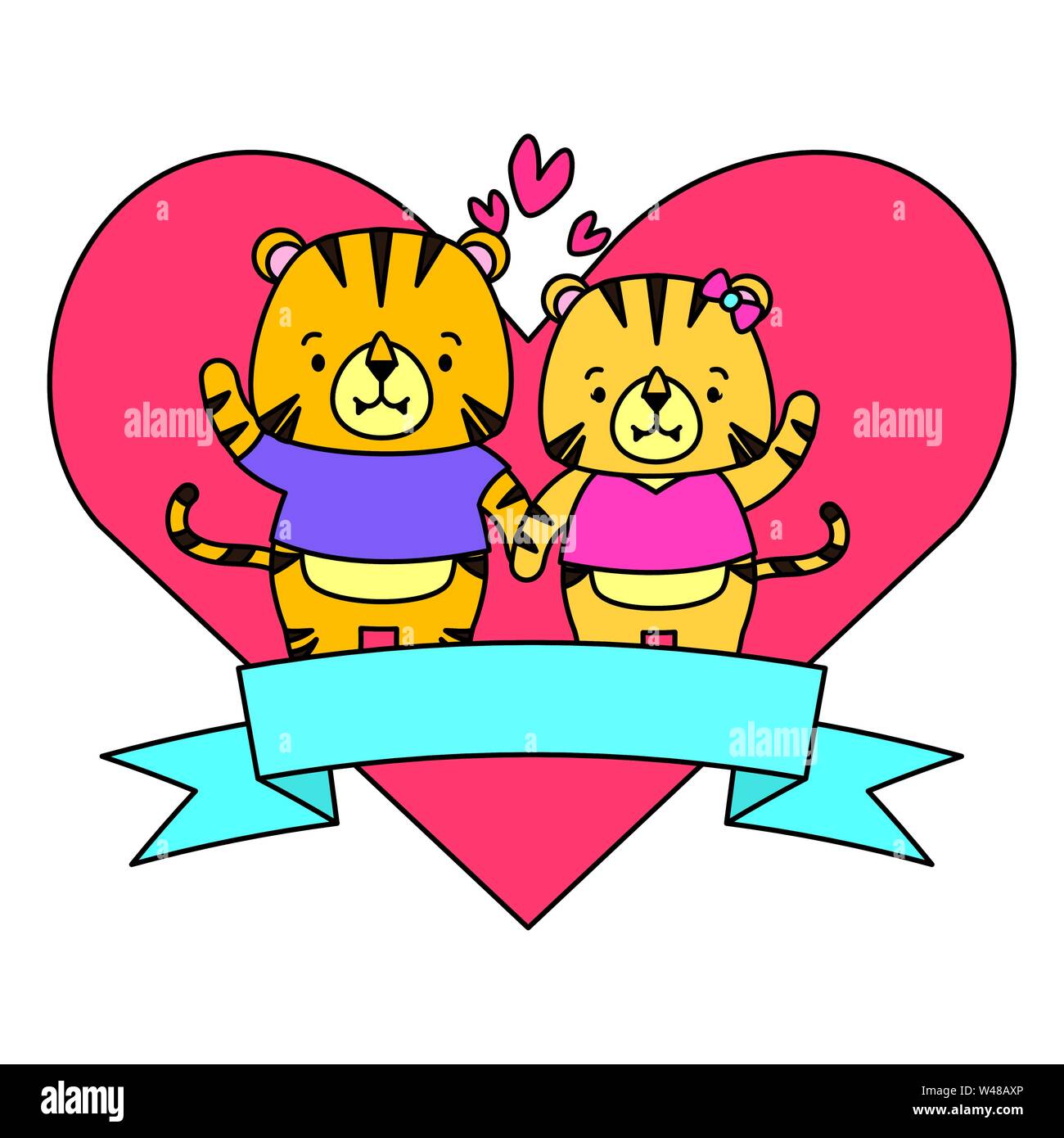 cute couple tiger animals heart love ribbon Stock Vector Image & Art ...