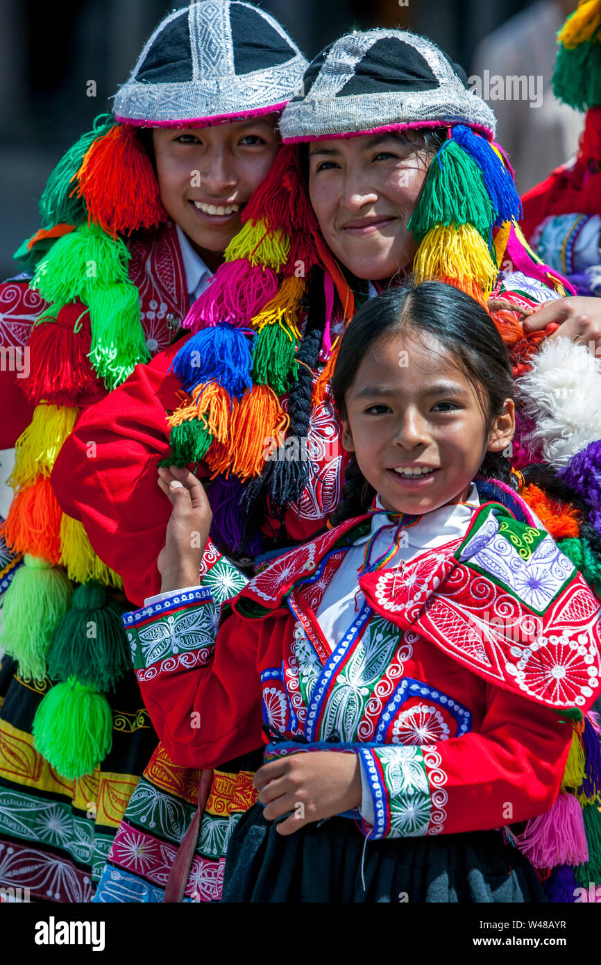 Women performers dressed in colourful Peruvian costumes at Plaza de ...