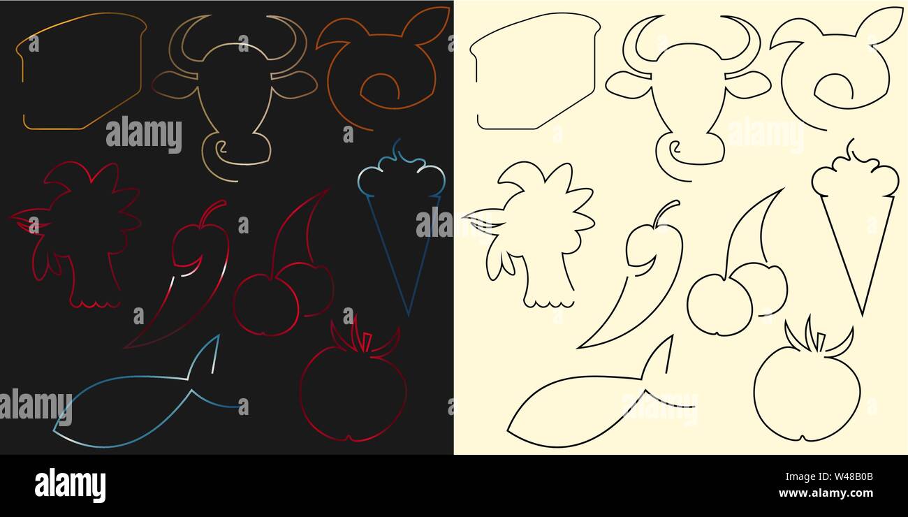 set of minimalistic logos of different types of food in one line Stock ...
