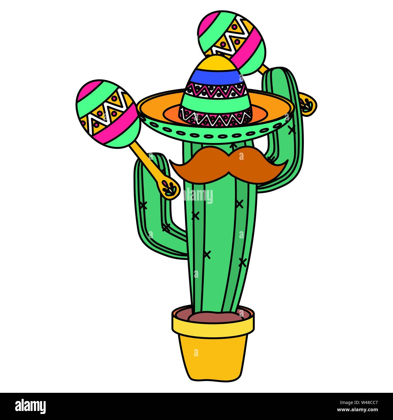 cactus plant with mexican hat and mustache playing maracas Stock Vector ...