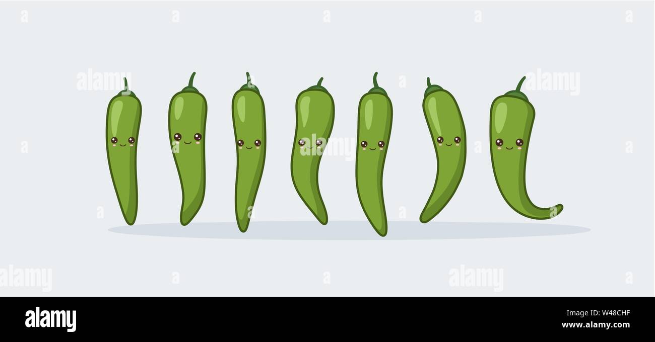 Set green chilli pepper. Cute kawaii smiling food. Vector illustration ...