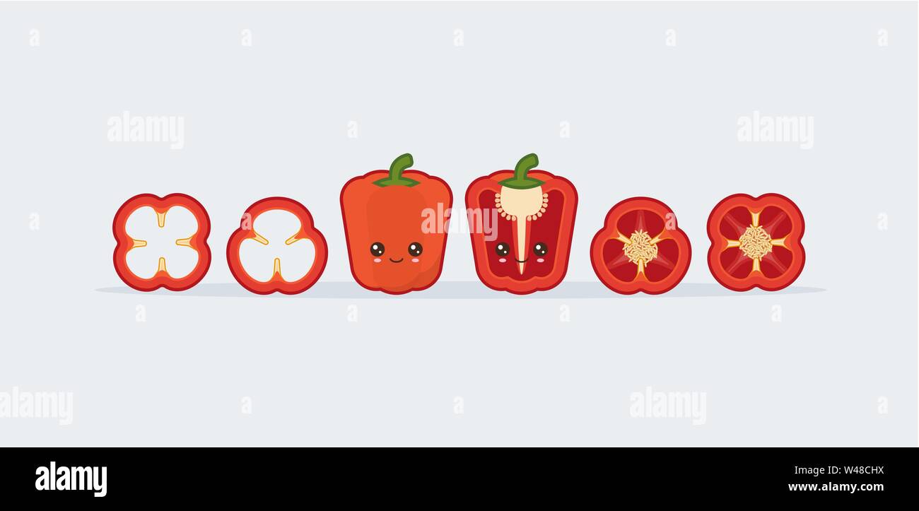 Set red bell pepper. Cute kawaii smiling food. Vector illustration ...
