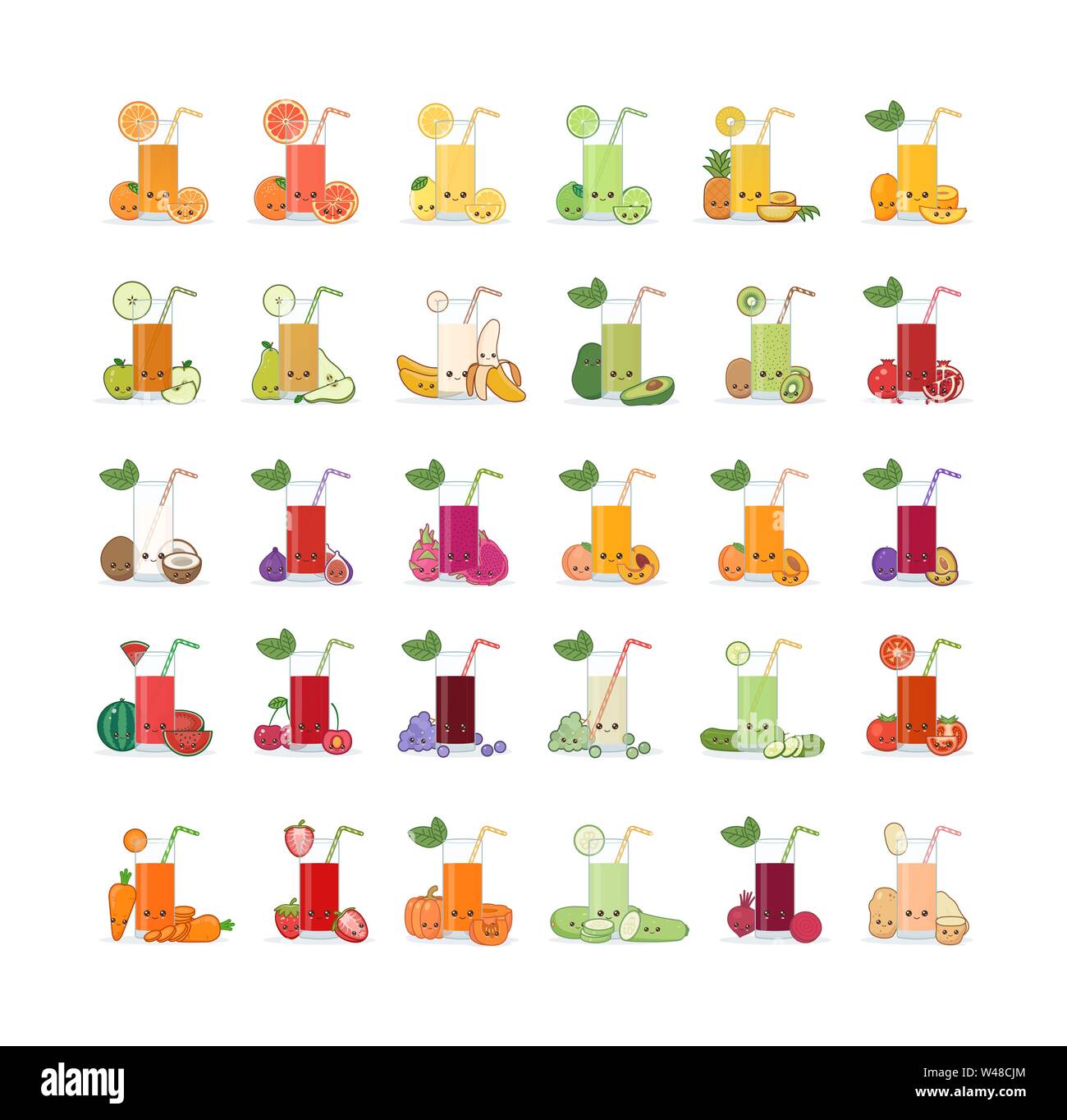 Set of fruit and vegetable juice. Cute kawai smiling cartoon juice with ...