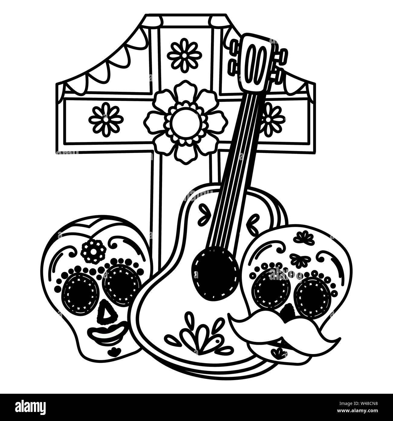 day of the dead celebration skulls masks with guitar and cross Stock ...