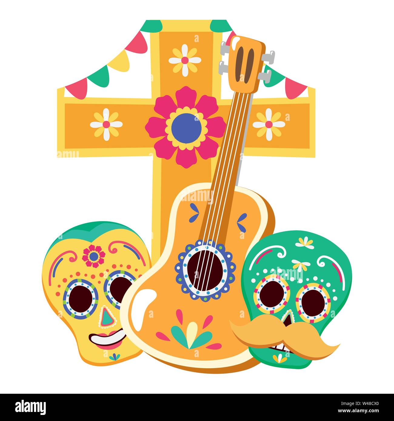 day of the dead celebration skulls masks with guitar and cross Stock ...