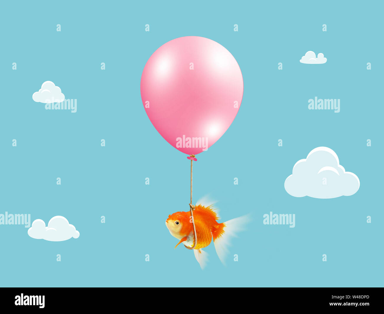 Goldfish fly with balloon . Mixed media, Gold fish floating with ...