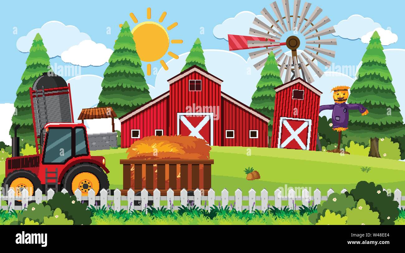 Tractor on farm scene illustration Stock Vector Image & Art - Alamy