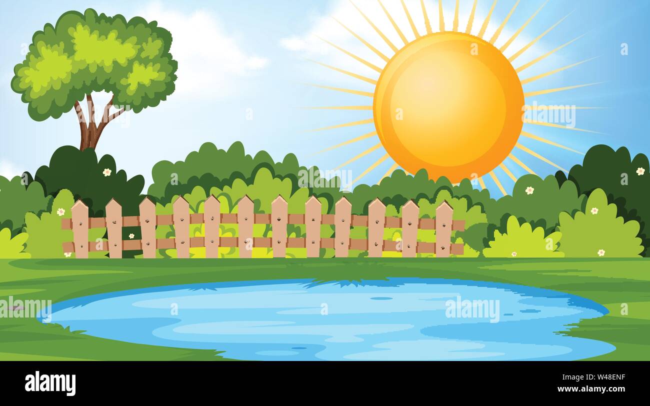 Outdoor park scene with pond illustration Stock Vector Image & Art - Alamy
