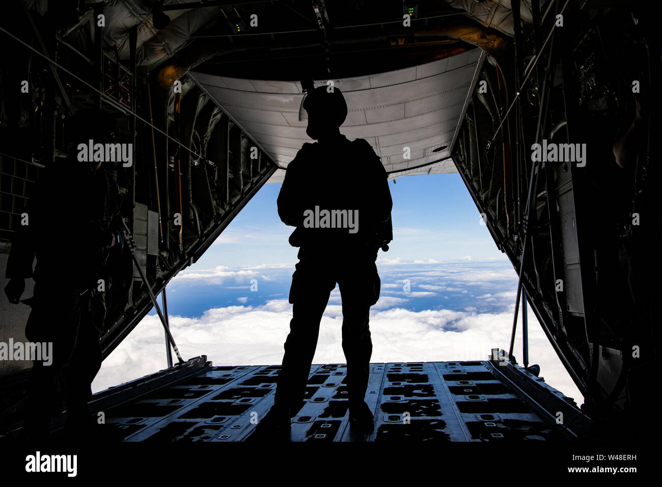 A U.S. Marine conducts a parachute training operation over Marine Corps ...