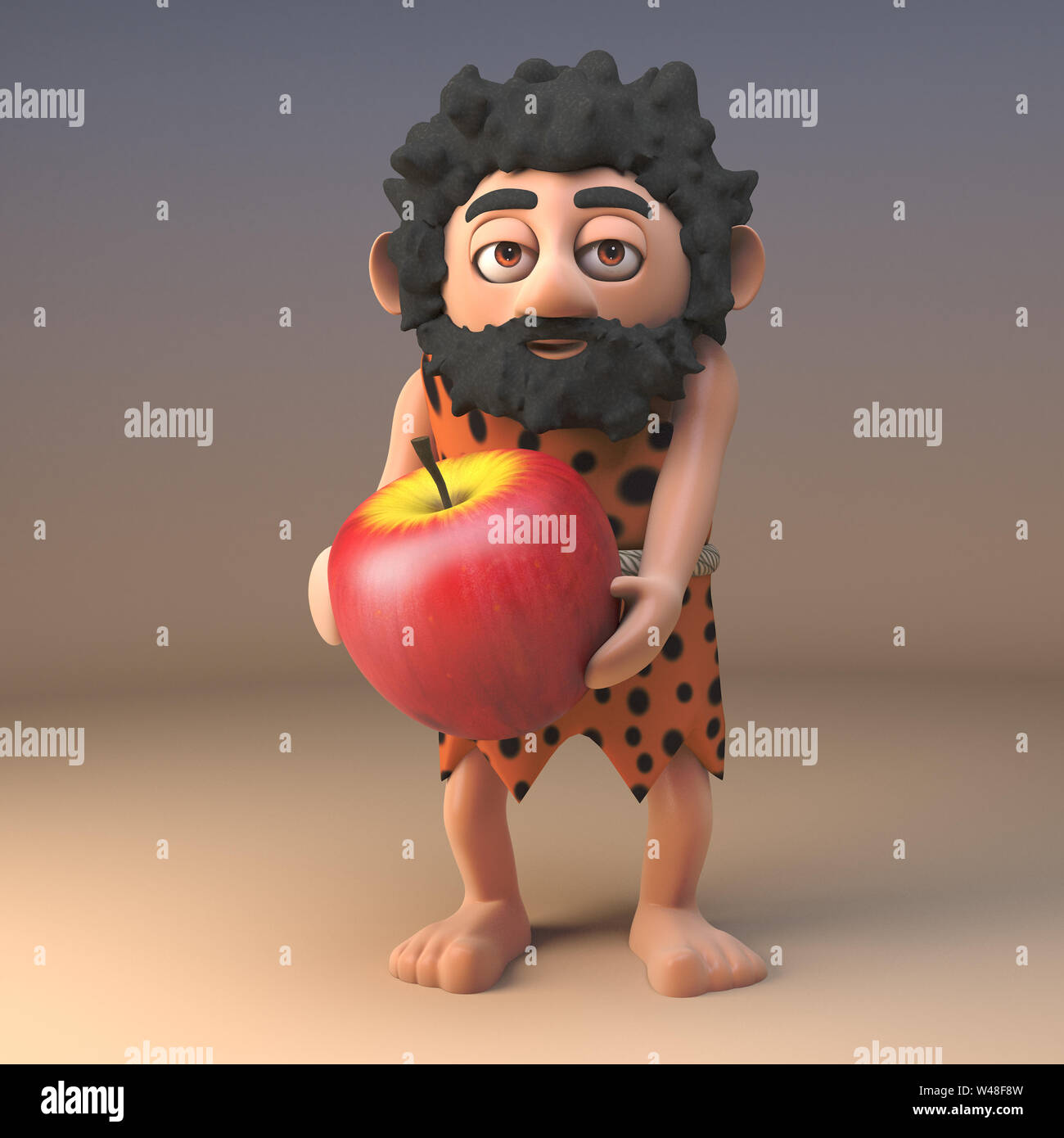 Caveman stone age character in animal pelt carries a giant red apple ...
