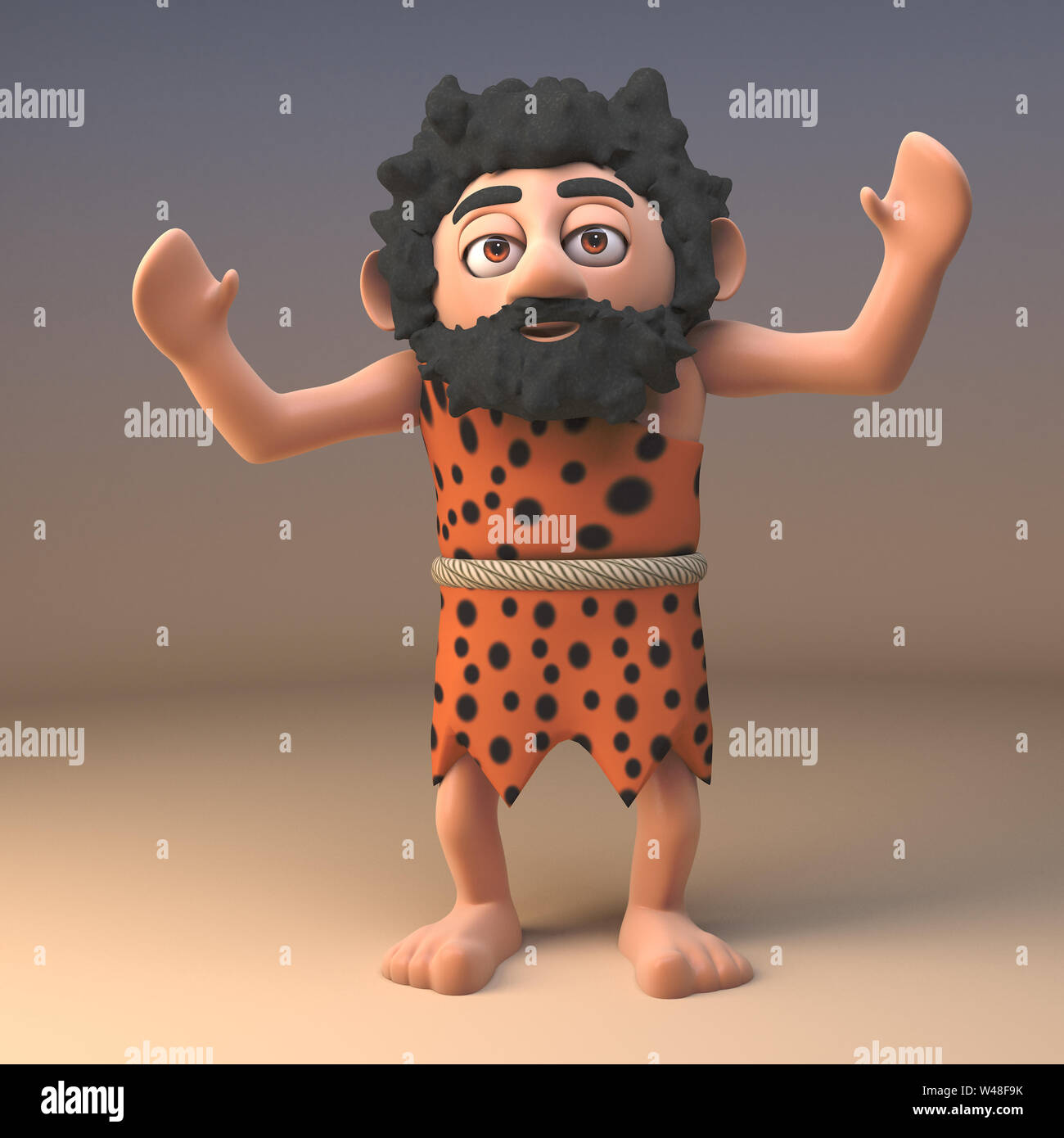 Stone age caveman character in animal pelt with arms in the air ...