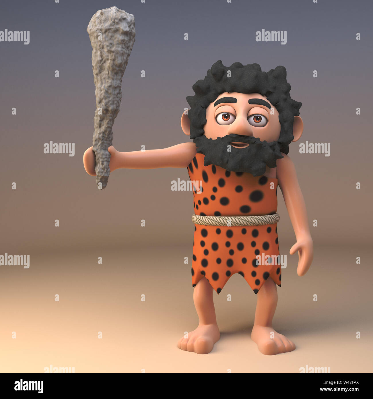 Savage stone age caveman in animal pelt waves his neolithic club in ...