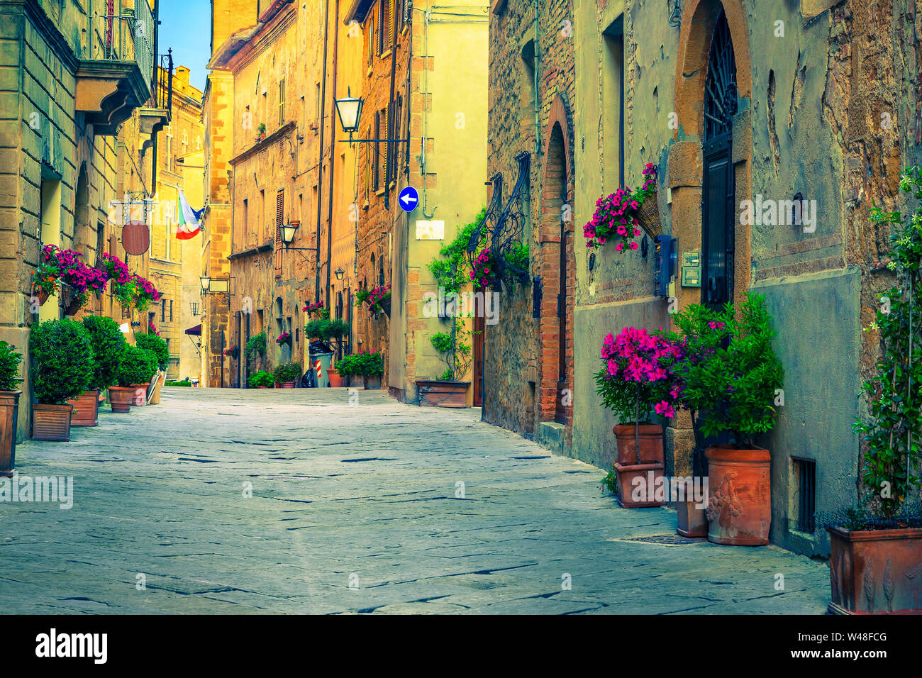 Picturesque traditional Tuscany street view. Beautiful medieval stone ...