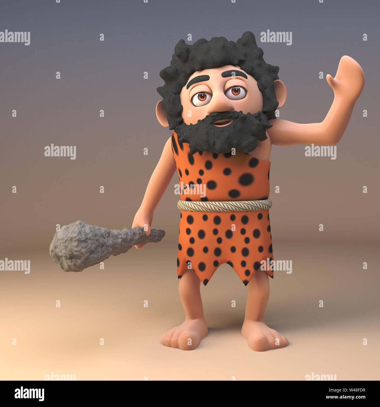 Stone age caveman in animal pelt carrying a club waves hello, 3d ...