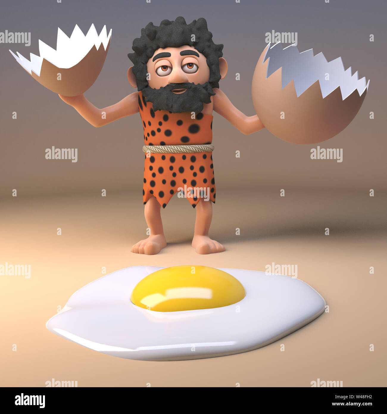 Caveman savage character cracks a giant dinosaur to fry for breakfast ...