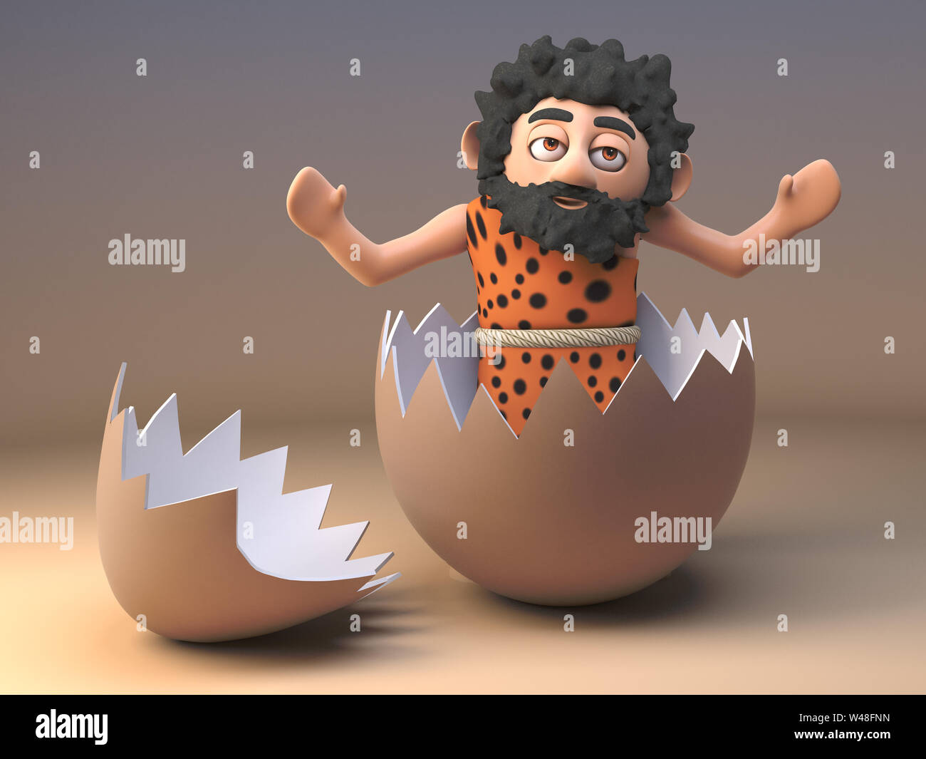 Silly caveman savage character plays around in a empty cracked eggshell ...