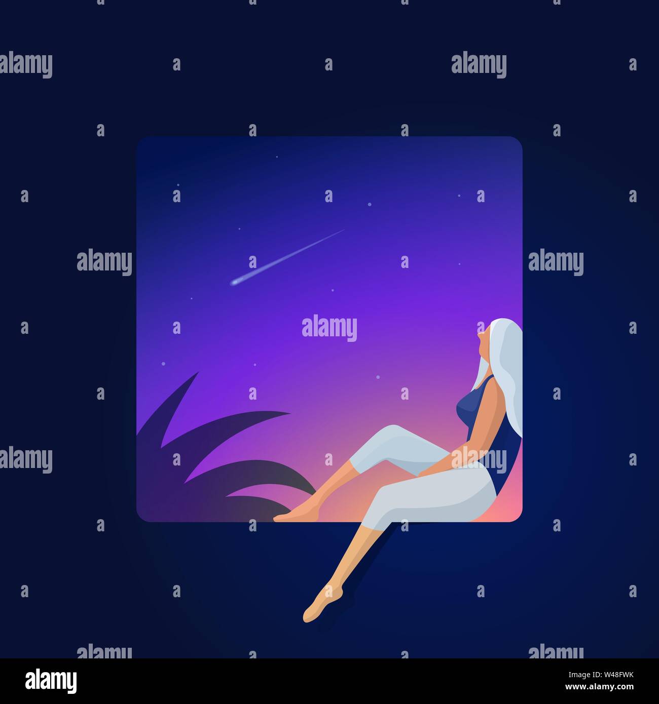 Woman sitting on square window and watching stars. Vector illustration ...